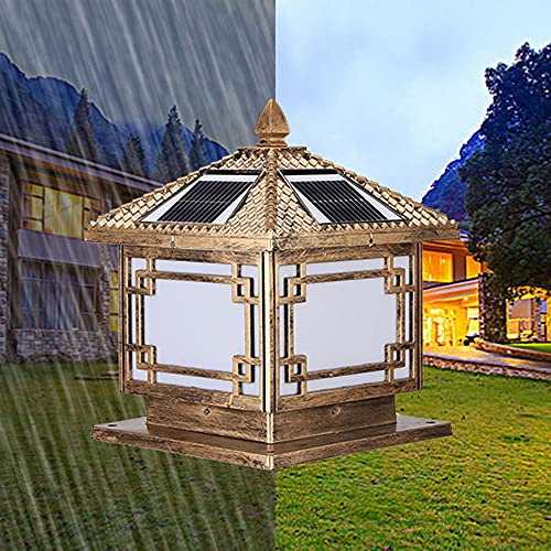 KAIKEA Bronze Square Solar LED Cast Aluminum Lights Outdoor Garden Waterproof Column Post Light Fixture Bright Traditional Classical Acrylic Villa Porch Decor Pillar Lamp(15.7inches)