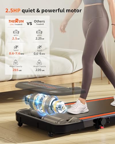 THERUN 2.5HP Treadmill, 2 in 1 Under Desk Walking Pad Treadmill, Electric Compact Space Folding Treadmill for Home Office with LED Touch Screen 0.6-7.6MPH Wider Running Belt, No Assembly Needed