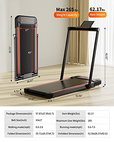 THERUN 2.5HP Treadmill, 2 in 1 Under Desk Walking Pad Treadmill, Electric Compact Space Folding Treadmill for Home Office with LED Touch Screen 0.6-7.6MPH Wider Running Belt, No Assembly Needed