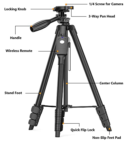 60" Camera Tripod with Travel Bag,Cell Phone Tripod with Remote,Professional Aluminum Portable Tripod Stand with Phone Tripod Mount&1/4”Screw,Compatible with Phone/Camera/Projector/DSLR/SLR