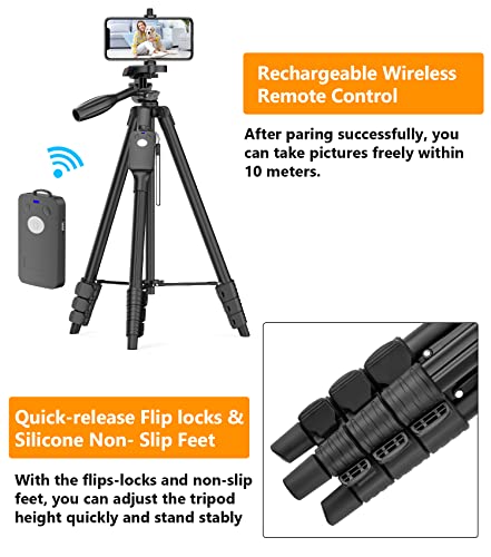 60" Camera Tripod with Travel Bag,Cell Phone Tripod with Remote,Professional Aluminum Portable Tripod Stand with Phone Tripod Mount&1/4”Screw,Compatible with Phone/Camera/Projector/DSLR/SLR