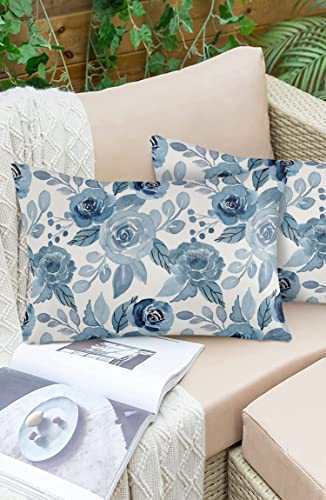 Watercolor Indigo Blue Rose Pattern Outdoor Throw Pillow Covers Cases for Patio Furniture Set of 2, Waterproof Decorative Lumbar Pillowcases for Couch Garden Tent Balcony 12x20 Inch