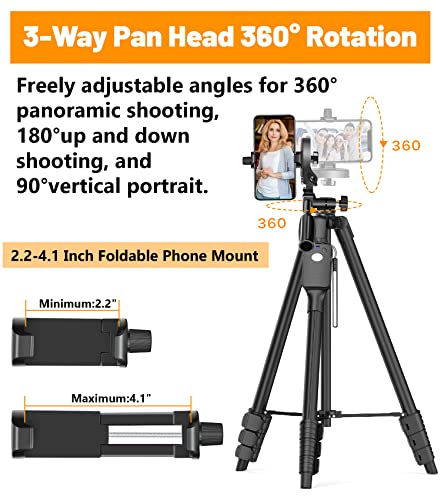 60" Camera Tripod with Travel Bag,Cell Phone Tripod with Remote,Professional Aluminum Portable Tripod Stand with Phone Tripod Mount&1/4”Screw,Compatible with Phone/Camera/Projector/DSLR/SLR
