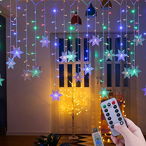 Lainin 12ft/3.5M USB Powered 8 Modes Snowflake Curtain Night Light Icicle Fairy String Light, Perfect for Christmas Wedding Holiday Garden Indoor/Outdoor Party Decoration - Multi Color