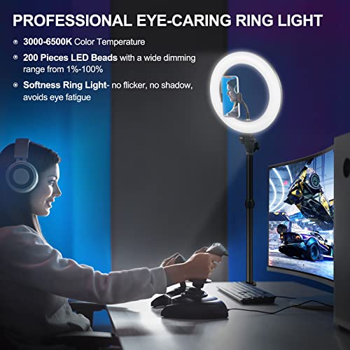 Computer Streaming Ring Light with Desk Mount Stand for Video Conferencing Recording/Zoom Meeting/Calls/Makeup-12''LED Desktop Circle Lighting with Clamp Stand&Phone Holder for Phone/Webcam/Camera