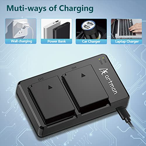 Artman LP-E10 Battery and USB Dual Battery Charger for Canon EOS Rebel T7 T6 T5 T3 T100, Kiss X50 Kiss X70 EOS 1100D/1200D/1300D/2000D Digital Cameras(2-Pack 1600mAh)