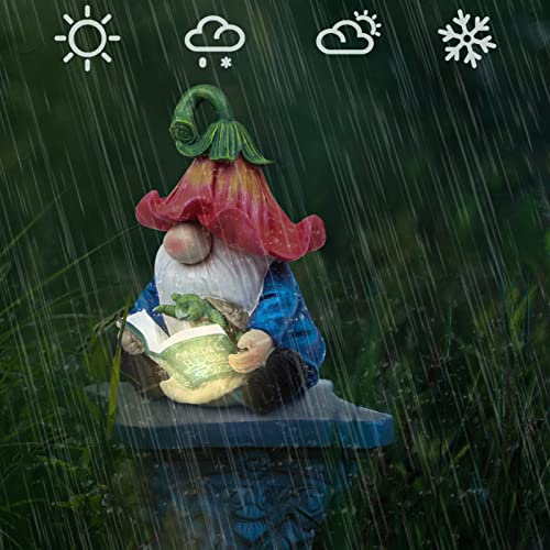 Sinhra Garden Gnome Statue-Resin Gnome Figurine Hugging Turtle Reading Book with Solar LED Lights，Outdoor Summer Decorations for Patio Yard Lawn Porch,Garden Ornament Gift