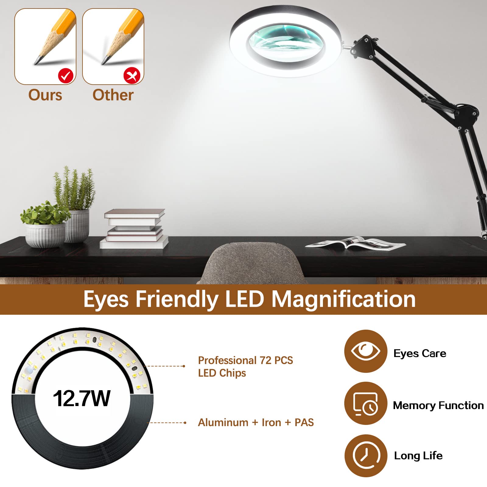 10X Magnifying Glass with Light, Lighted Magnifying Glass Magnifying Lamp 3 Color Modes Stepless Dimmable, 72 LEDs Real Glass Lens Magnifier with Light and Stand for Close Work, Repair, Reading, Craft