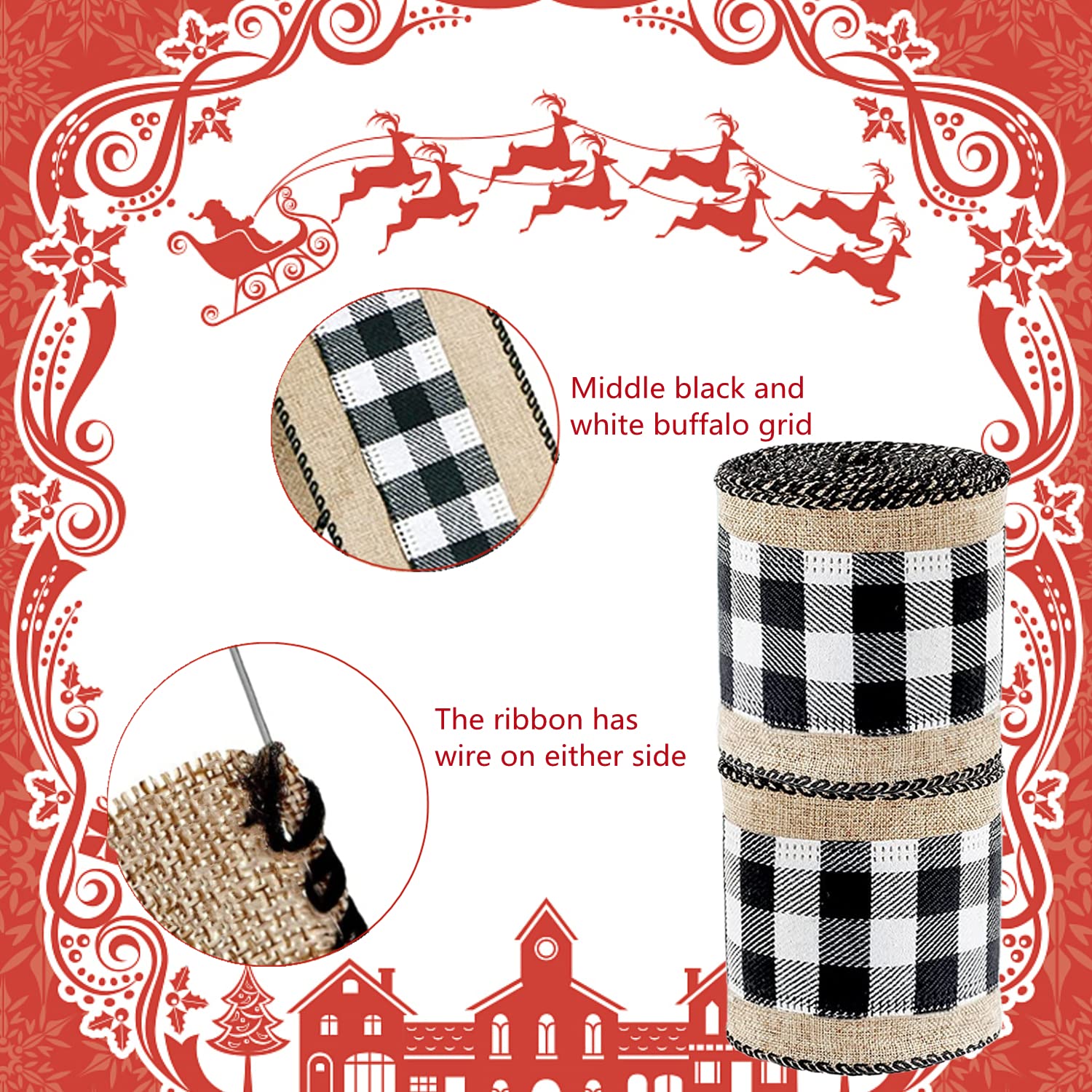 2 Rolls 12 Yards Buffalo Plaid Ribbons Burlap Wired Edge Plaid Ribbons 1.5 Inch Wide Check Gingham Fabric Craft Ribbon for Gift Wrapping DIY Bows Decoration Home Party Decor