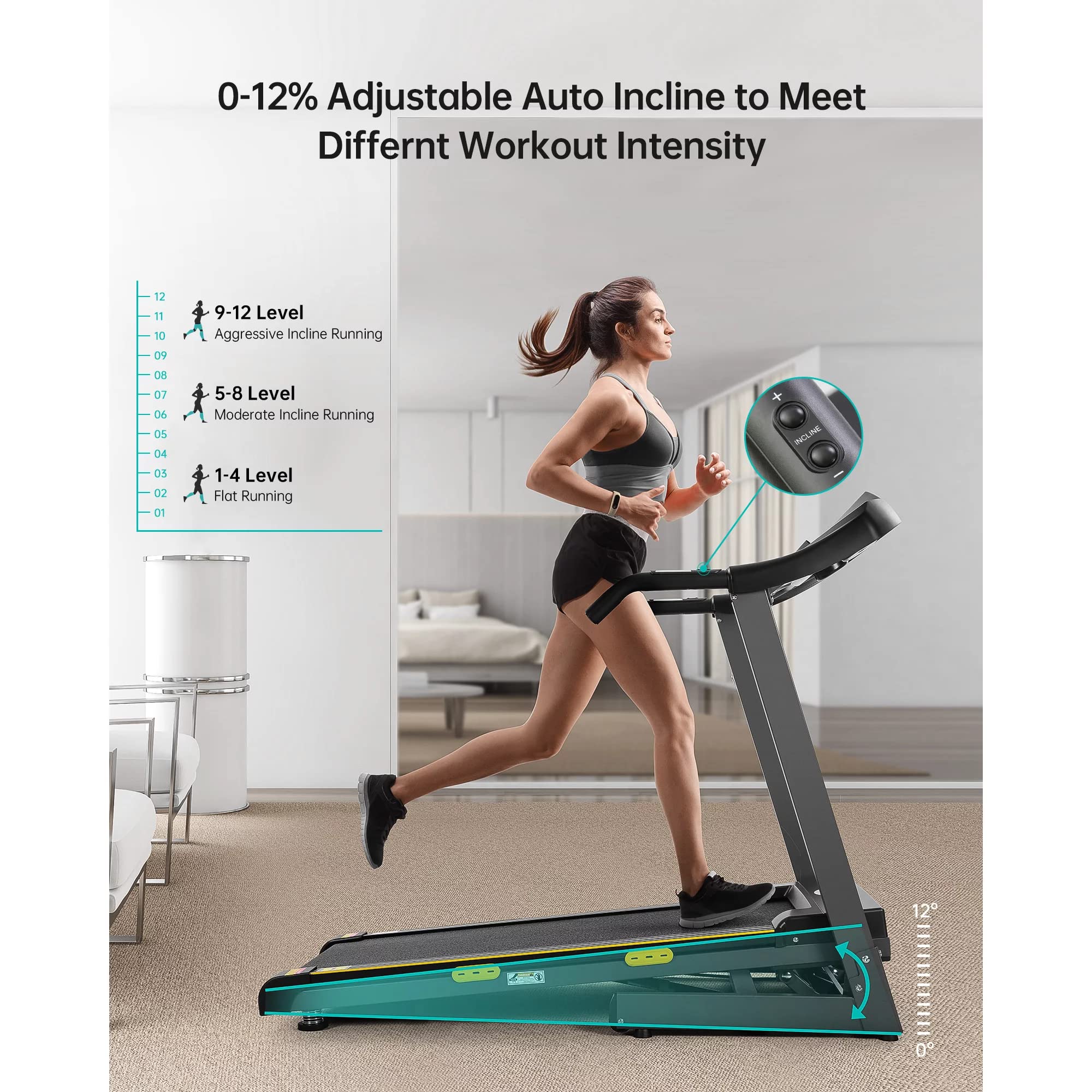 Treadmill with 12% Auto Incline Folding Home Treadmill Supports Max 8.5 MPH Speed Running Machine with 15 Preset Programs Handrail Control Tracking Pulse for Home Use MAX.Capacity 220lbs