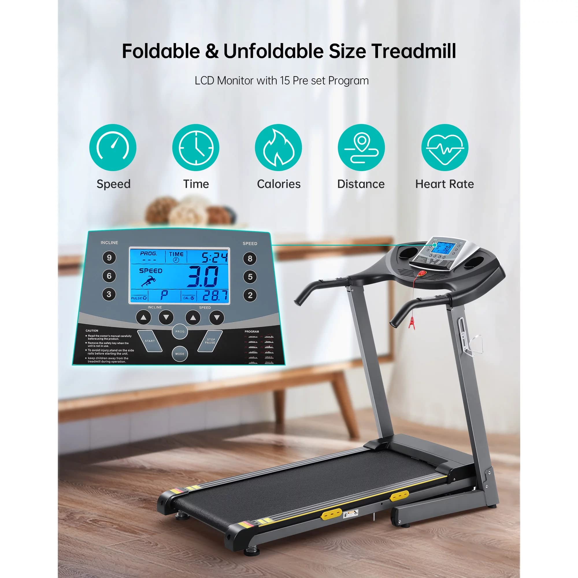 Treadmill with 12% Auto Incline Folding Home Treadmill Supports Max 8.5 MPH Speed Running Machine with 15 Preset Programs Handrail Control Tracking Pulse for Home Use MAX.Capacity 220lbs