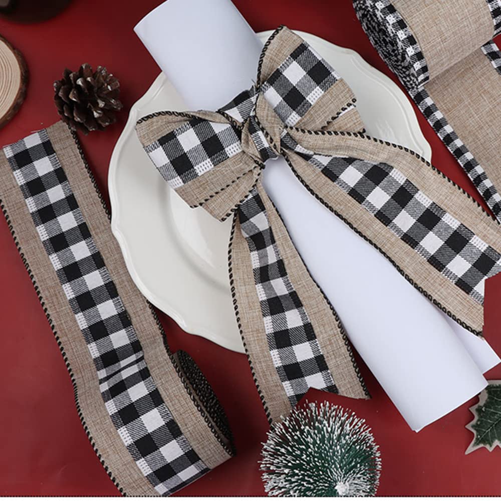 2 Rolls 12 Yards Buffalo Plaid Ribbons Burlap Wired Edge Plaid Ribbons 1.5 Inch Wide Check Gingham Fabric Craft Ribbon for Gift Wrapping DIY Bows Decoration Home Party Decor
