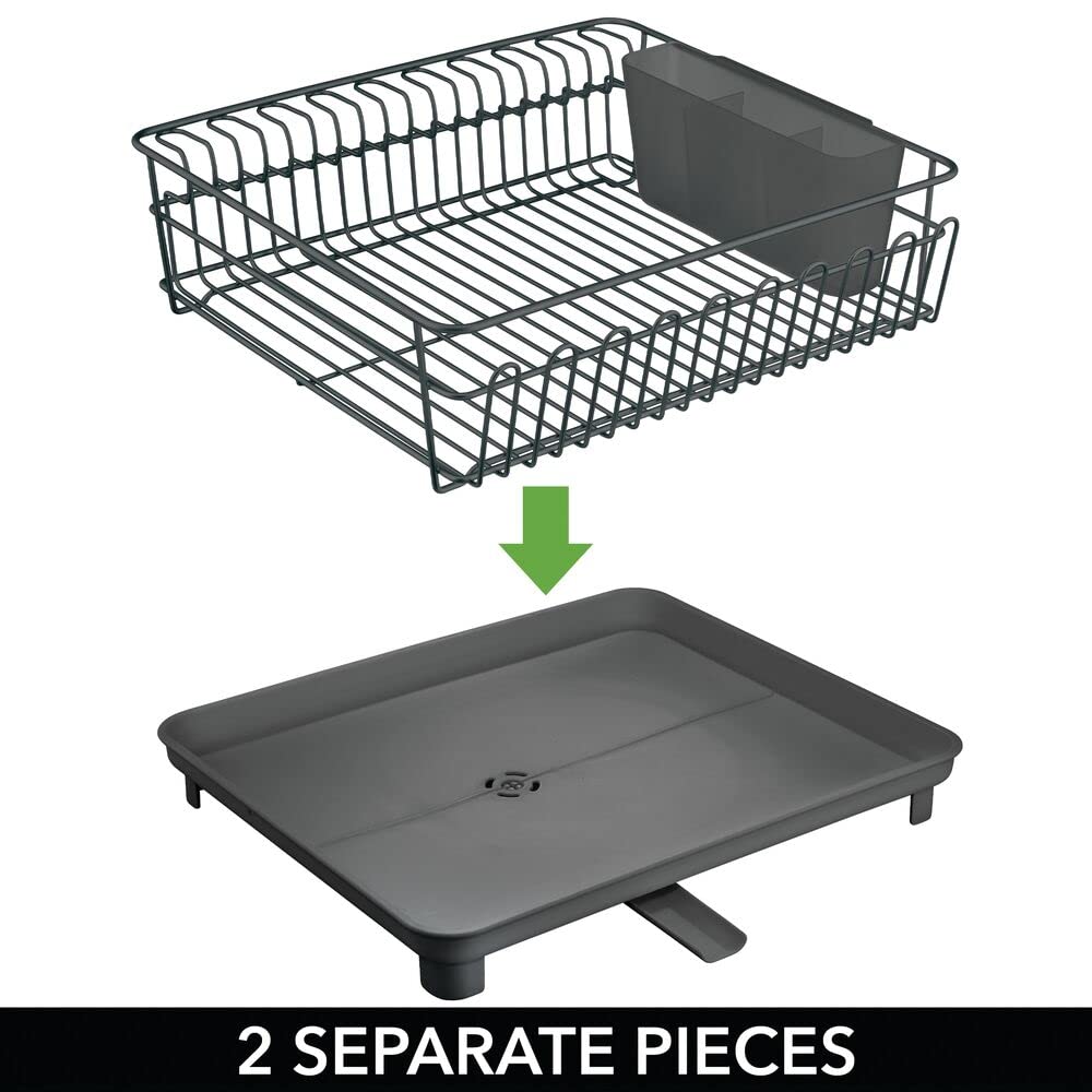 mDesign Large Metal Kitchen Countertop, Sink Dish Drying Rack - Removable Plastic Cutlery Tray, Drainboard with Adjustable Swivel Spout - 3 Pieces - Black/Charcoal Gray