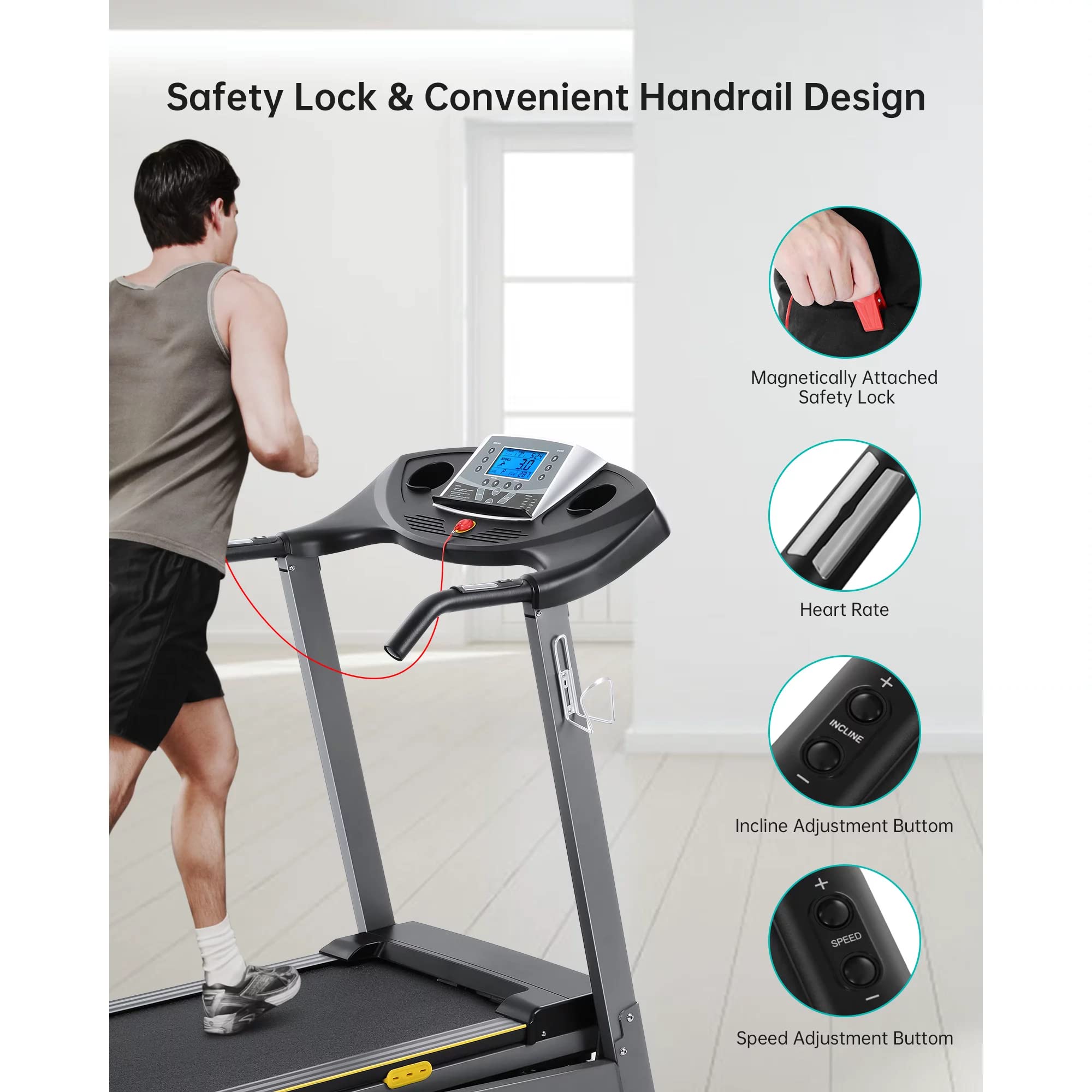 Treadmill with 12% Auto Incline Folding Home Treadmill Supports Max 8.5 MPH Speed Running Machine with 15 Preset Programs Handrail Control Tracking Pulse for Home Use MAX.Capacity 220lbs