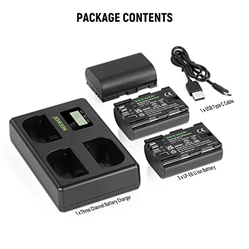 NEEWER LP-E6 Replacement Battery and Charger Set, 3 Pack 2000mAh Replacement for LP-E6 LP-E6N & Triple Slot USB Charger Compatible with Canon EOS 5D Mark II Mark III Mark IV 5D SR 60D 60Da 6D 70D 7D
