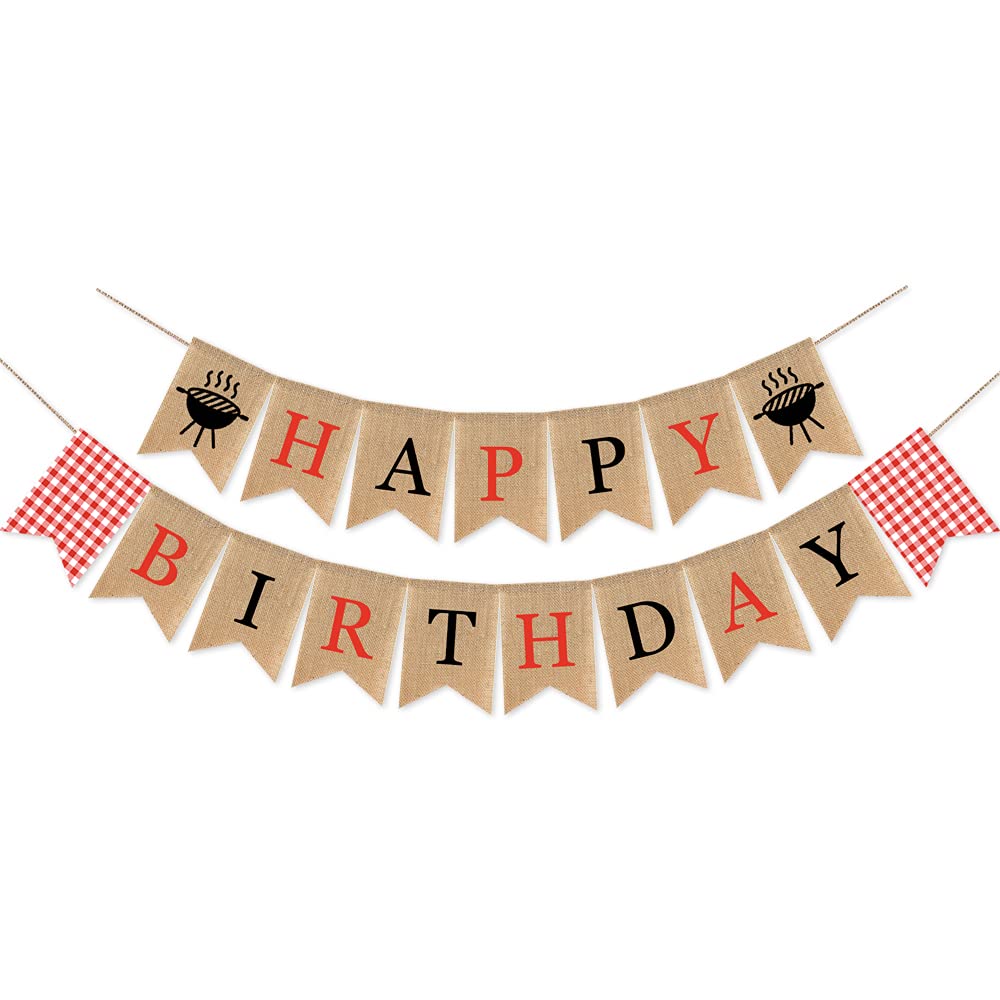 SWYOUN Burlap Happy Birthday Banner with Grill BBQ Theme Party Supplies Barbecue Party Garland Decoration