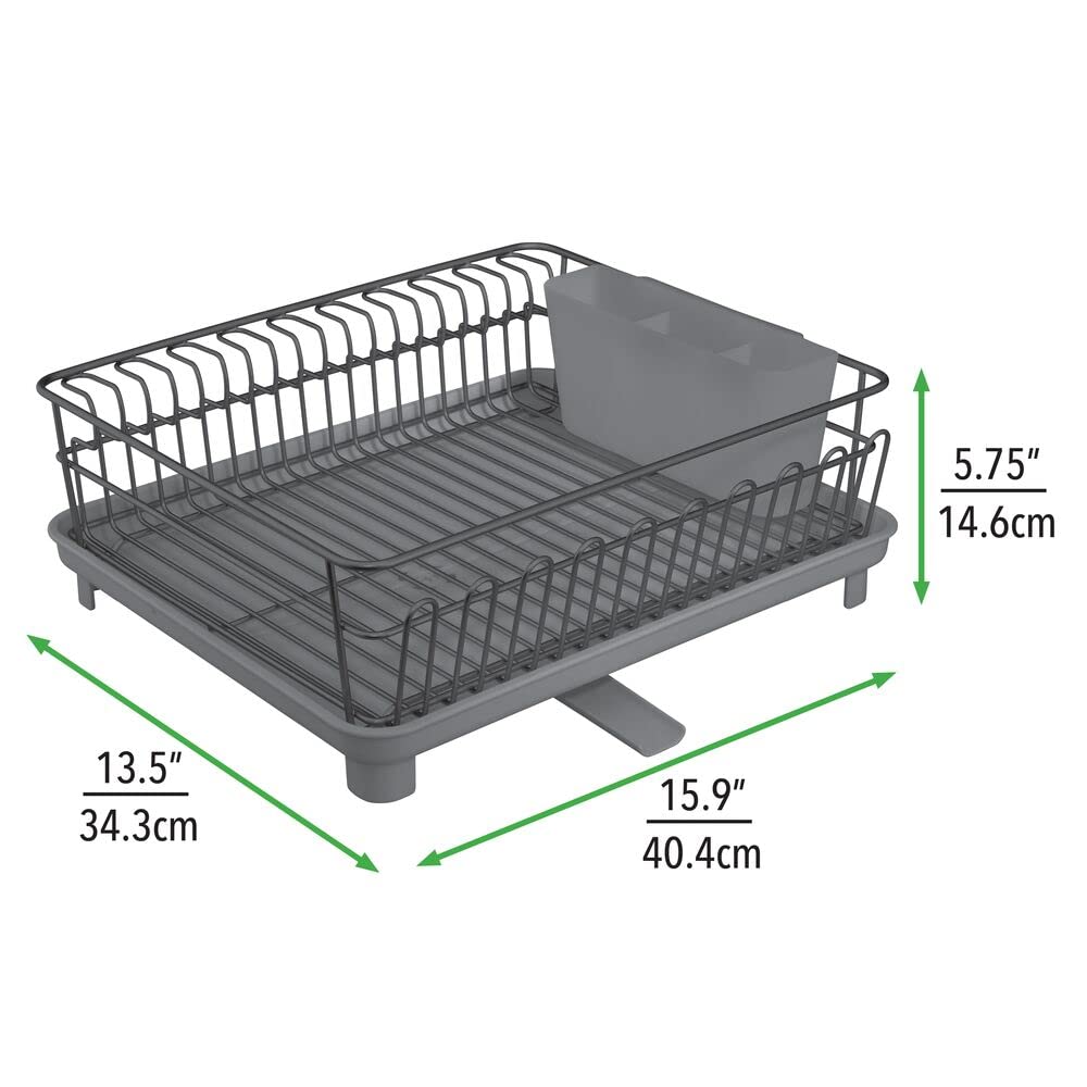 mDesign Large Metal Kitchen Countertop, Sink Dish Drying Rack - Removable Plastic Cutlery Tray, Drainboard with Adjustable Swivel Spout - 3 Pieces - Black/Charcoal Gray