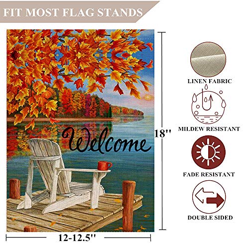 Selmad Home Decorative Fall Double Sided Garden Flag Welcome Quote, Thanksgiving Lake House Yard Flag, Autumn Maple Leaf Garden Yard Decorations, Rustic Holiday Seasonal Outdoor Flag 12 x 18 Vintage