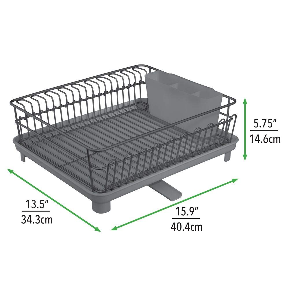 mDesign Large Metal Kitchen Countertop, Sink Dish Drying Rack - Removable Plastic Cutlery Tray, Drainboard with Adjustable Swivel Spout - 3 Pieces - Black/Charcoal Gray