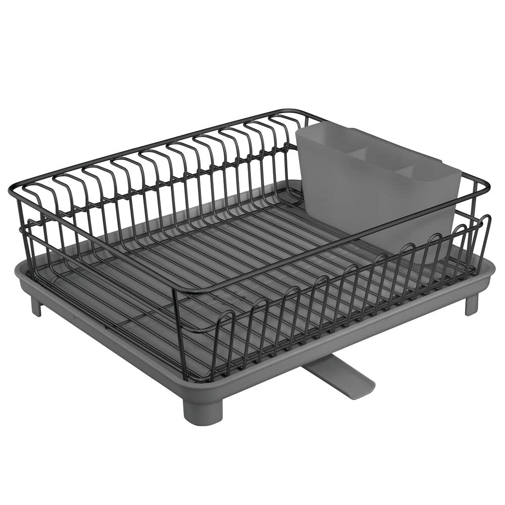 mDesign Large Metal Kitchen Countertop, Sink Dish Drying Rack - Removable Plastic Cutlery Tray, Drainboard with Adjustable Swivel Spout - 3 Pieces - Black/Charcoal Gray