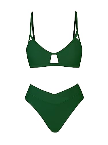 CUPSHE Bikini Set for Women Two Piece Swimsuits High Waisted Cut Out Scoop Neck V Front Bottom, L Dark Green