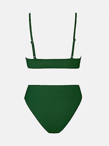 CUPSHE Bikini Set for Women Two Piece Swimsuits High Waisted Cut Out Scoop Neck V Front Bottom, L Dark Green
