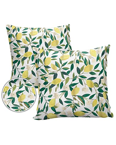 Waterproof Outdoor Throw Pillow Cover Yellow Lemon Fruits Lumbar Pillowcases Set of 2 Green Leaves Plant Decorative Patio Furniture Pillows for Couch Garden 18x18 inch