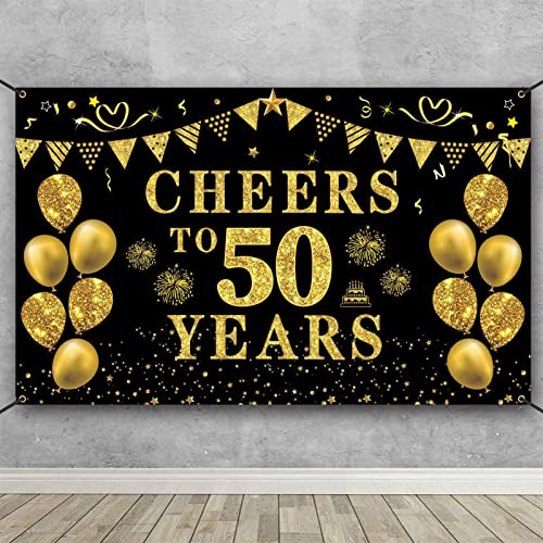 Trgowaul 50th Birthday/Anniversary/Wedding Decorations for Women Men, Cheers to 50 Years Banner, Black and Gold 50th Birthday Backdrop, 50 Bday Decorations Party Banner Photography Supplies Background