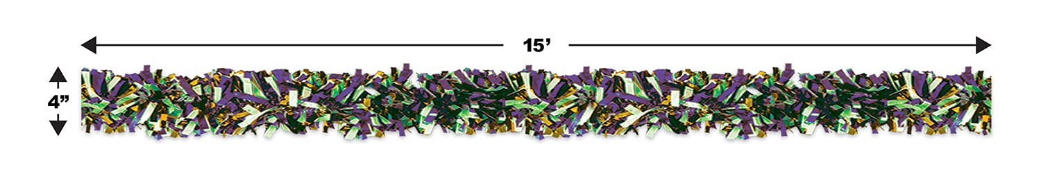 Beistle Metallic Festooning Garland Party Accessory, Mardi Gras Decorations, 4" x 15', Gold/Green/Purple