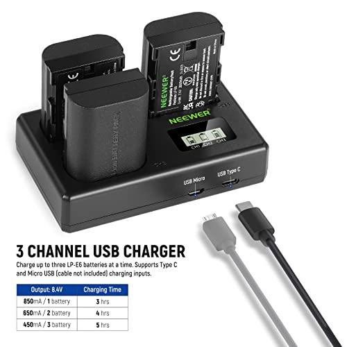 NEEWER LP-E6 Replacement Battery and Charger Set, 3 Pack 2000mAh Replacement for LP-E6 LP-E6N & Triple Slot USB Charger Compatible with Canon EOS 5D Mark II Mark III Mark IV 5D SR 60D 60Da 6D 70D 7D