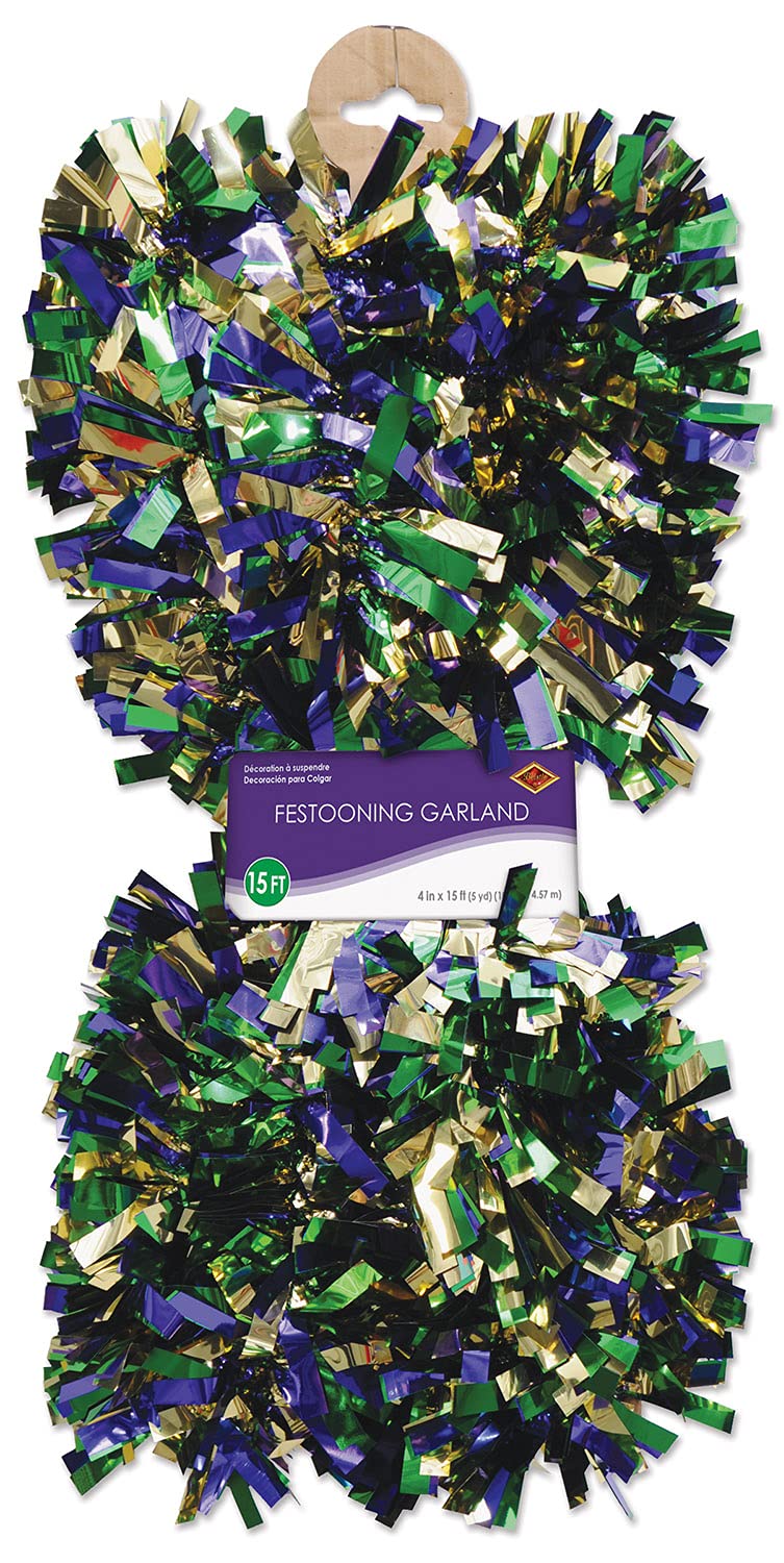 Beistle Metallic Festooning Garland Party Accessory, Mardi Gras Decorations, 4" x 15', Gold/Green/Purple