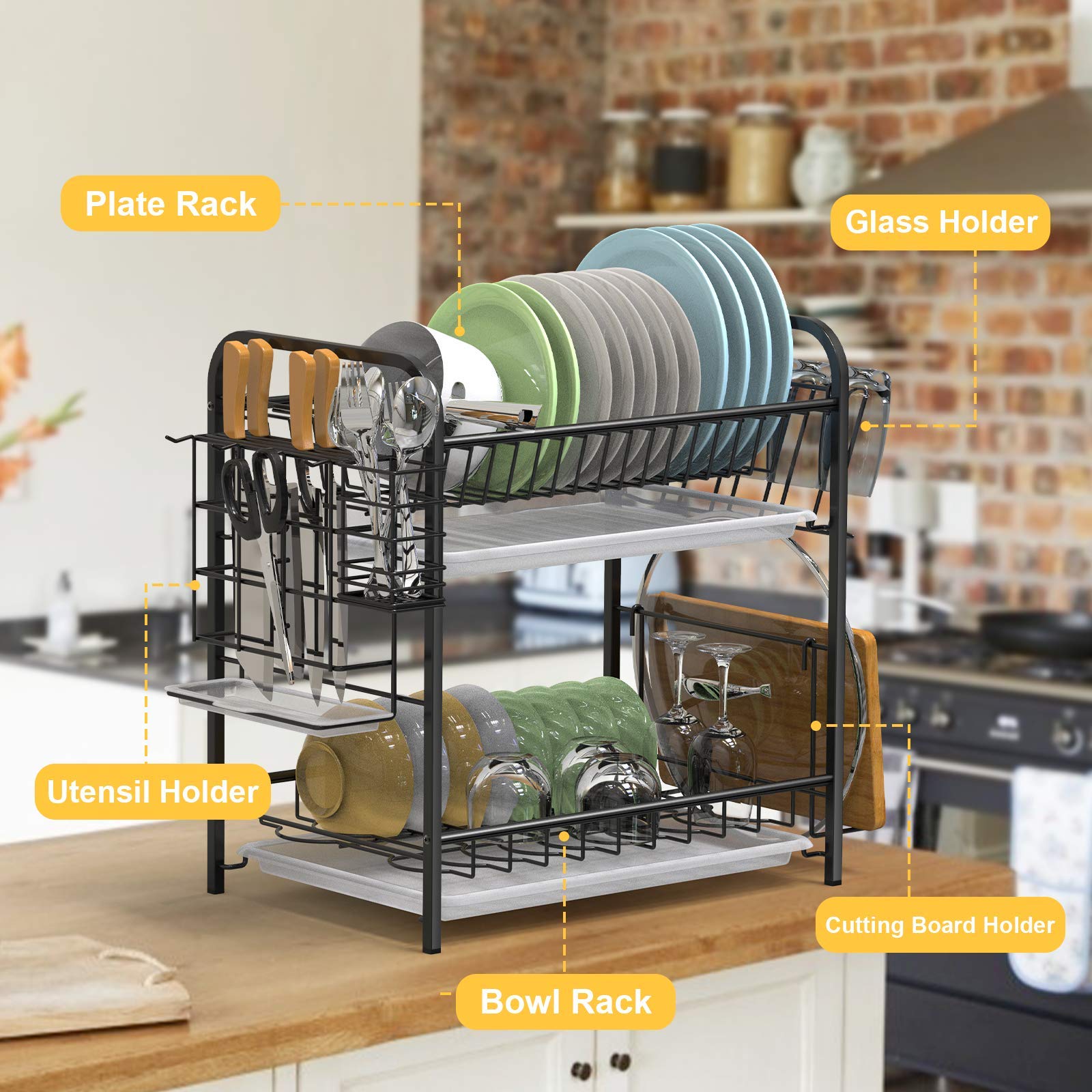 Auledio 2 Tier Dish Drying Rack with Utensil Knife Organizer Cutting Board Holder Dish Drainer Removable Drain Board,Black