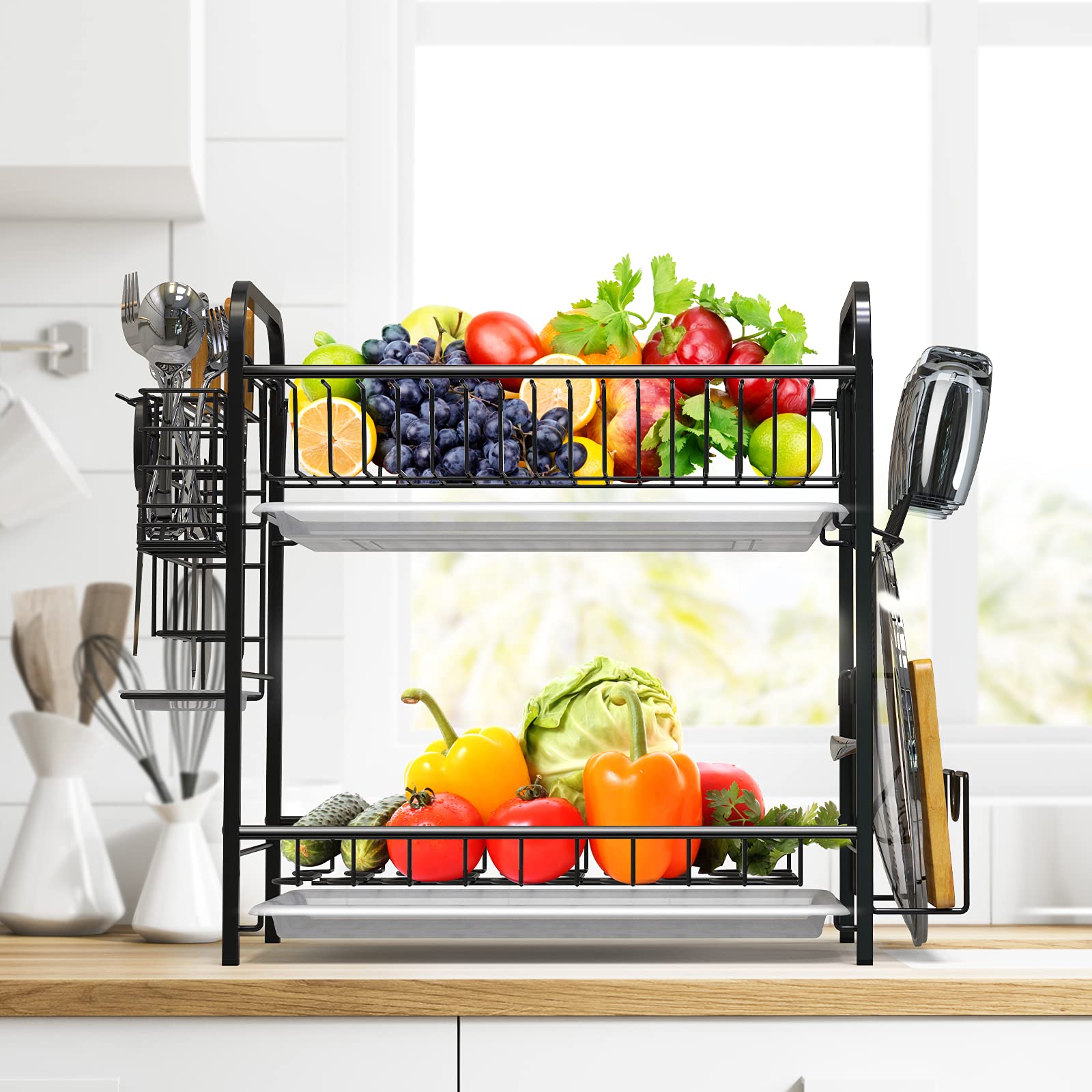 Auledio 2 Tier Dish Drying Rack with Utensil Knife Organizer Cutting Board Holder Dish Drainer Removable Drain Board,Black