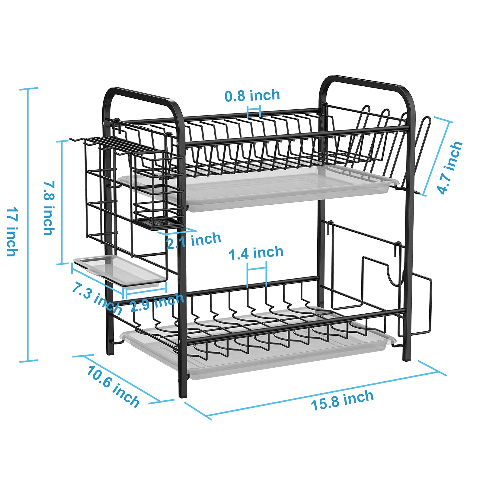 Auledio 2 Tier Dish Drying Rack with Utensil Knife Organizer Cutting Board Holder Dish Drainer Removable Drain Board,Black