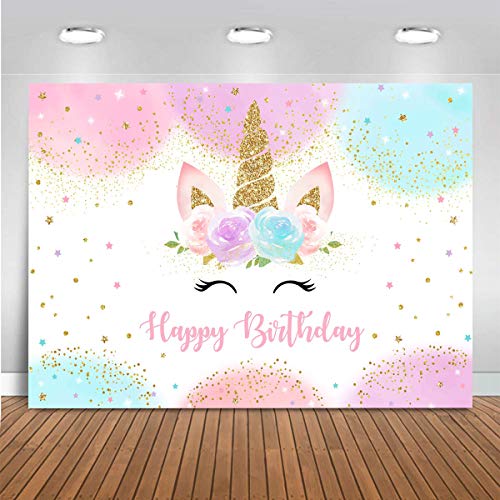 Mocsicka Rainbow Unicorn Backdrop Happy Birthday Party Decorations for Girls Watercolor Floral Glitter Stars Dots UnicornCake Table Banner Supplies Studio Props (7x5ft)