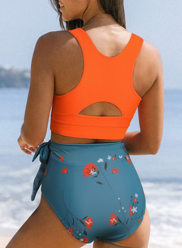 Dokotoo Womens 2 Piece Swimsuit Scoop Neck Sleeveless Racerback Tummy Control High Waisted Tie Knot Flattering Bathing Suits Long Lined Floral Bikini Orange Large