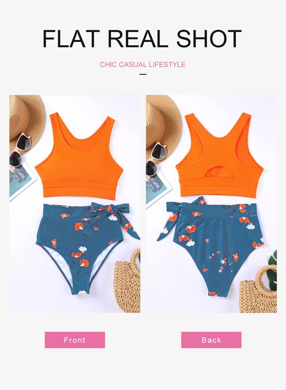 Dokotoo Womens 2 Piece Swimsuit Scoop Neck Sleeveless Racerback Tummy Control High Waisted Tie Knot Flattering Bathing Suits Long Lined Floral Bikini Orange Large