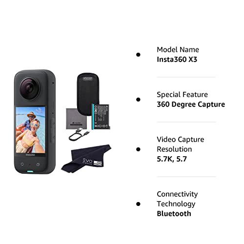 insta360 X3 360 Degree Waterproof Action Camera, 5.7K 360, Stabilization, Touch Screen, AI Editing, Live Streaming, Webcam, Voice Control, Black