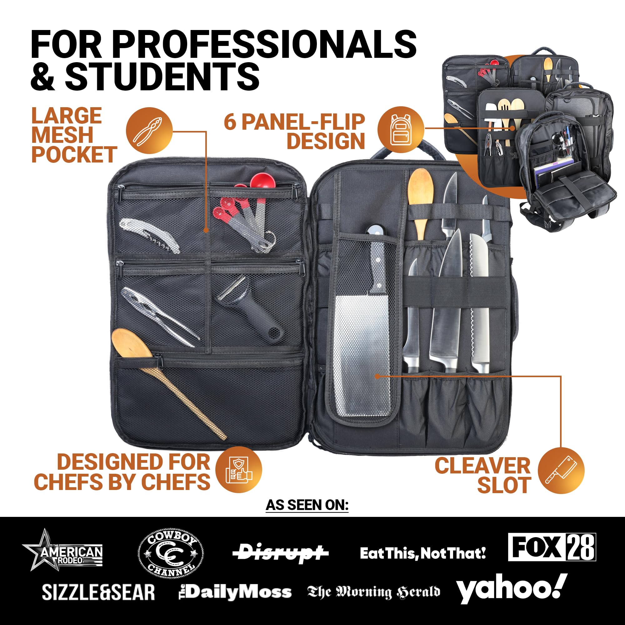 Chef Knife Bag Backpack Set with Knife Roll | Knife Case with 40+ Pockets for Knives and Culinary Tools | Great Knife Bag for Chefs & Culinary Students | Knives & Tools Not Included