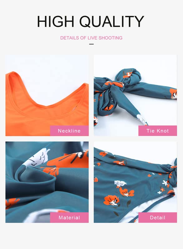 Dokotoo Womens 2 Piece Swimsuit Scoop Neck Sleeveless Racerback Tummy Control High Waisted Tie Knot Flattering Bathing Suits Long Lined Floral Bikini Orange Large