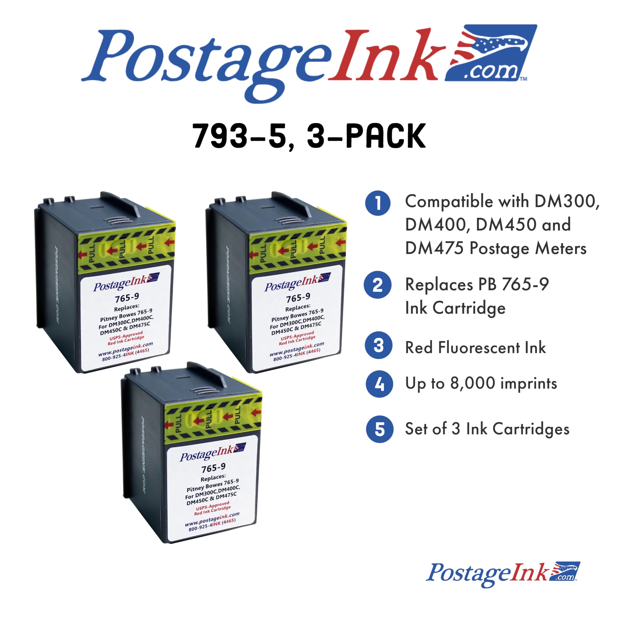 PostageInk.com 765-9 Non-OEM Ink Cartridge Replacement for SendPro C Auto, DM300c, DM400c, DM450c and DM475c Postage Meters, Pack of 3