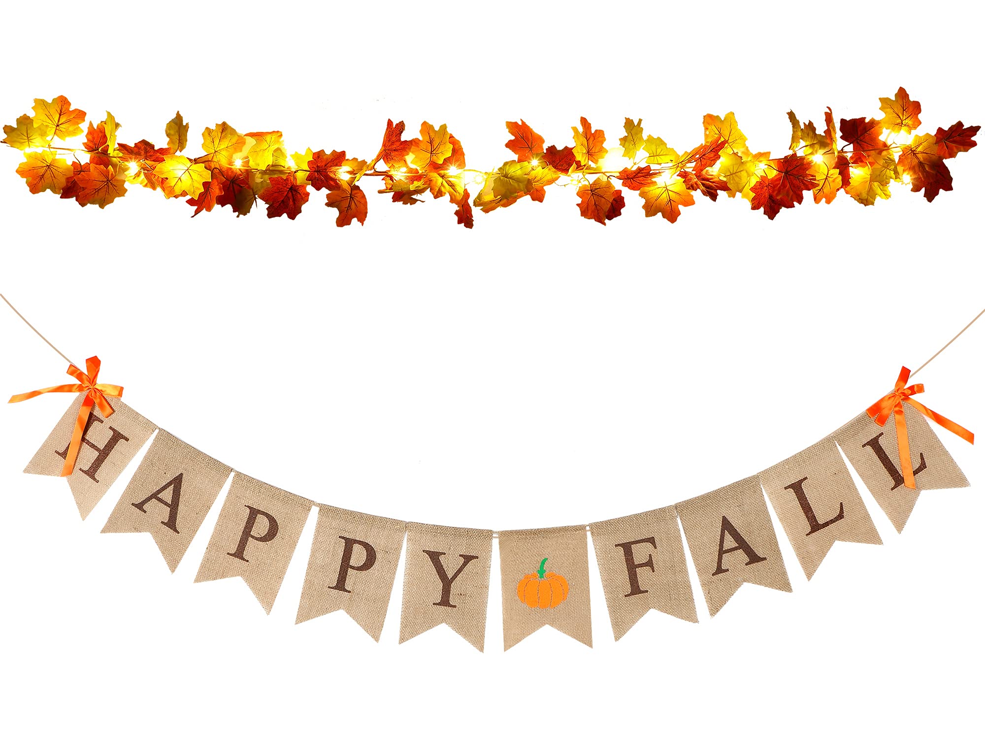 Thanksgiving Maple Leaf Garland Artificial Fall Foliage Garland and 20 LEDs String Light and Happy Fall Burlap Banner Thanksgiving Pumpkin Bunting Flag Garland for Autumn Thanksgiving Window Decor