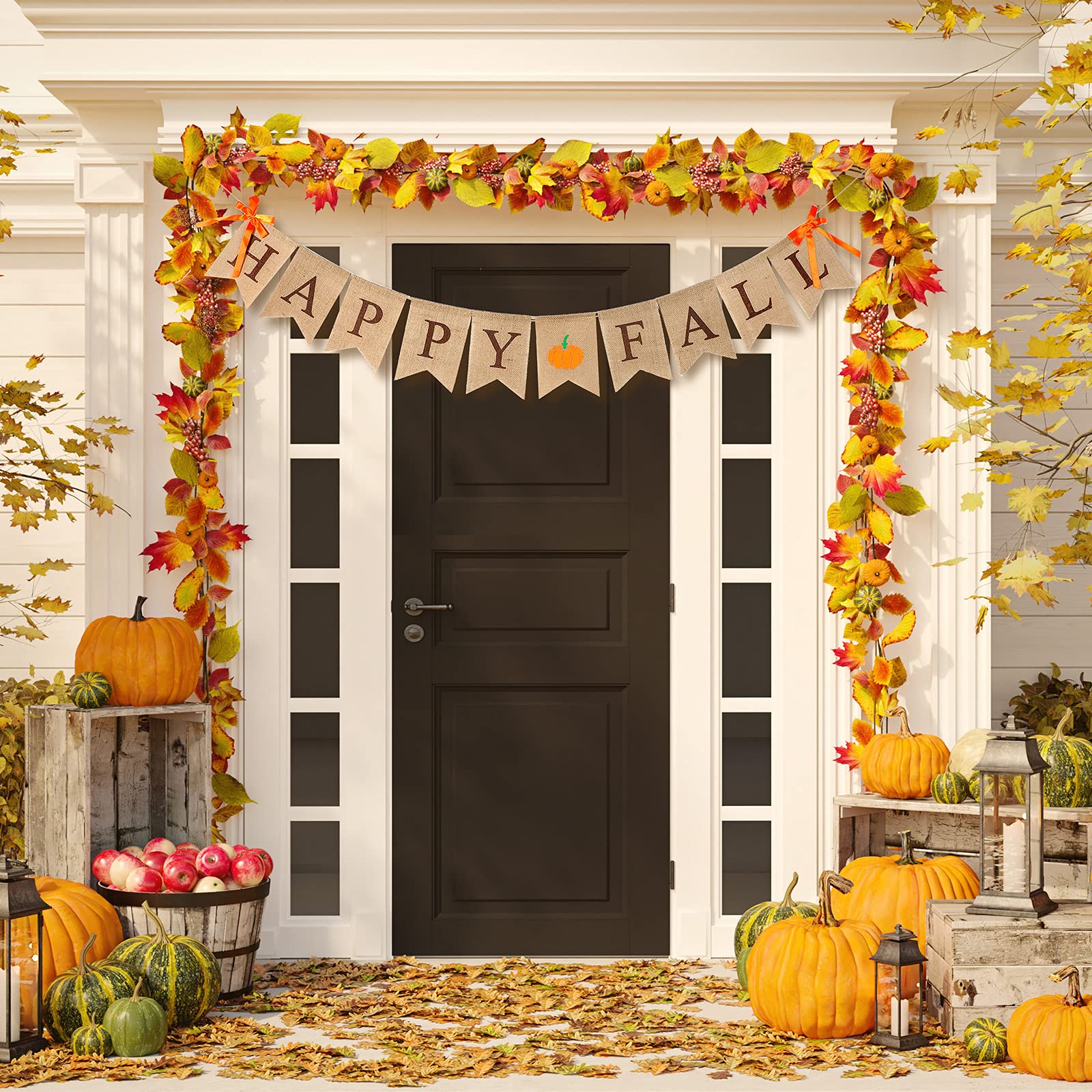 Thanksgiving Maple Leaf Garland Artificial Fall Foliage Garland and 20 LEDs String Light and Happy Fall Burlap Banner Thanksgiving Pumpkin Bunting Flag Garland for Autumn Thanksgiving Window Decor
