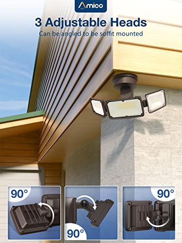 Amico 3500LM LED Security Light, 30W Bright Outdoor Flood Light, 5000K Daylight White, IP65 Waterproof with 3 Adjustable Heads for Garage, Backyard, Patio, Garden, Porch&Stair(Brown)