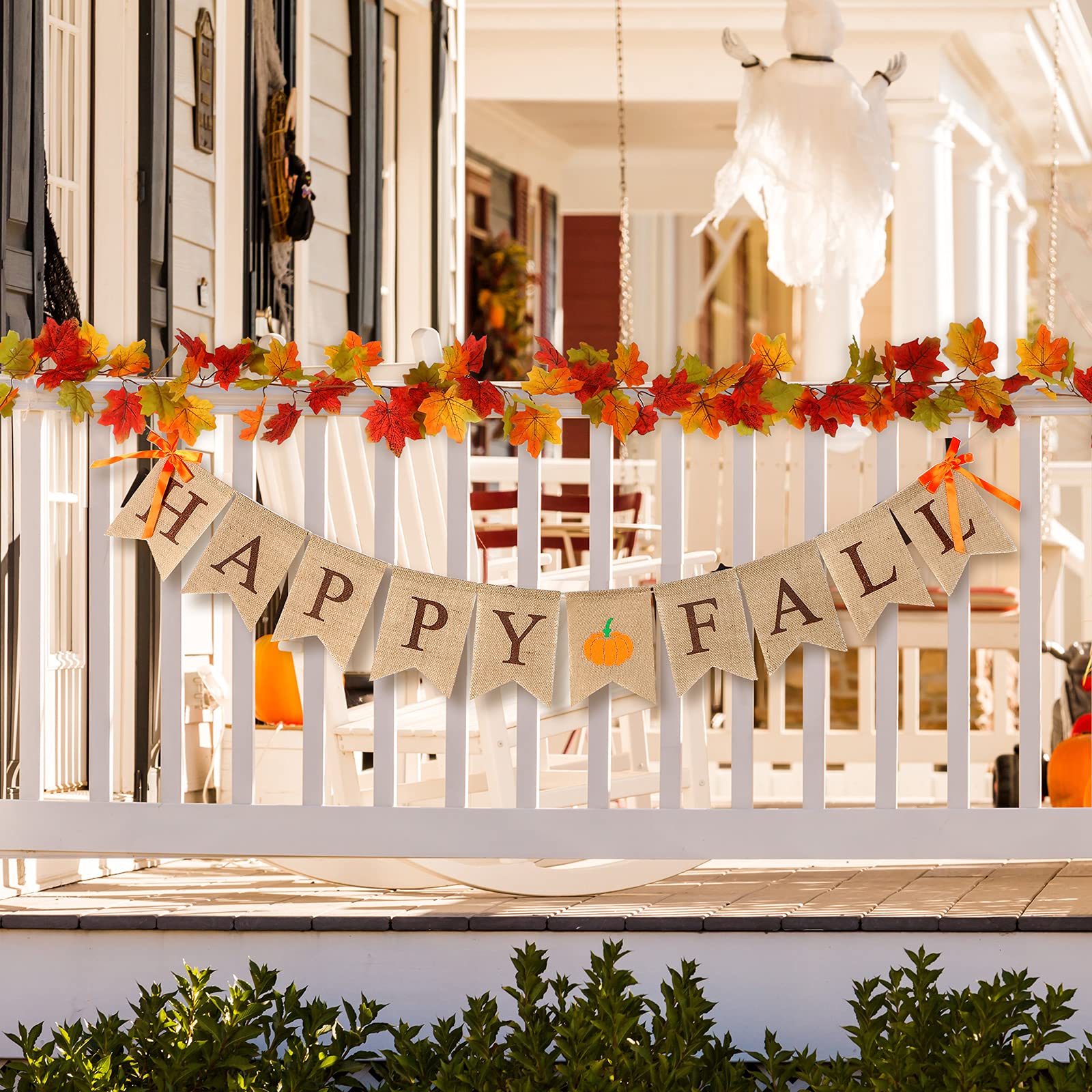 Thanksgiving Maple Leaf Garland Artificial Fall Foliage Garland and 20 LEDs String Light and Happy Fall Burlap Banner Thanksgiving Pumpkin Bunting Flag Garland for Autumn Thanksgiving Window Decor