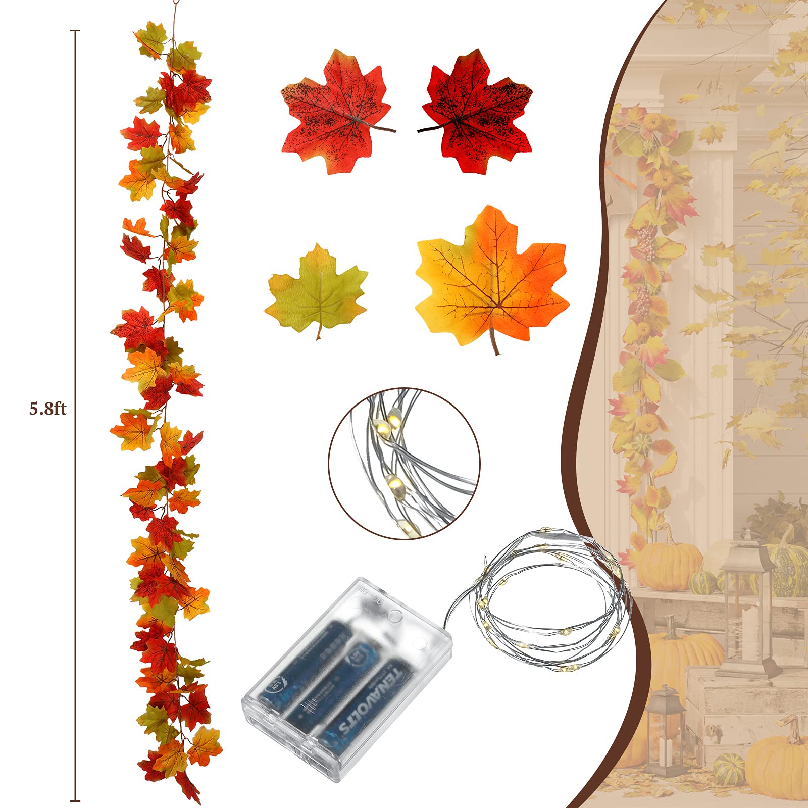 Thanksgiving Maple Leaf Garland Artificial Fall Foliage Garland and 20 LEDs String Light and Happy Fall Burlap Banner Thanksgiving Pumpkin Bunting Flag Garland for Autumn Thanksgiving Window Decor