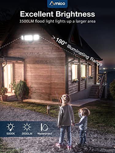 Amico 3500LM LED Security Light, 30W Bright Outdoor Flood Light, 5000K Daylight White, IP65 Waterproof with 3 Adjustable Heads for Garage, Backyard, Patio, Garden, Porch&Stair(Brown)