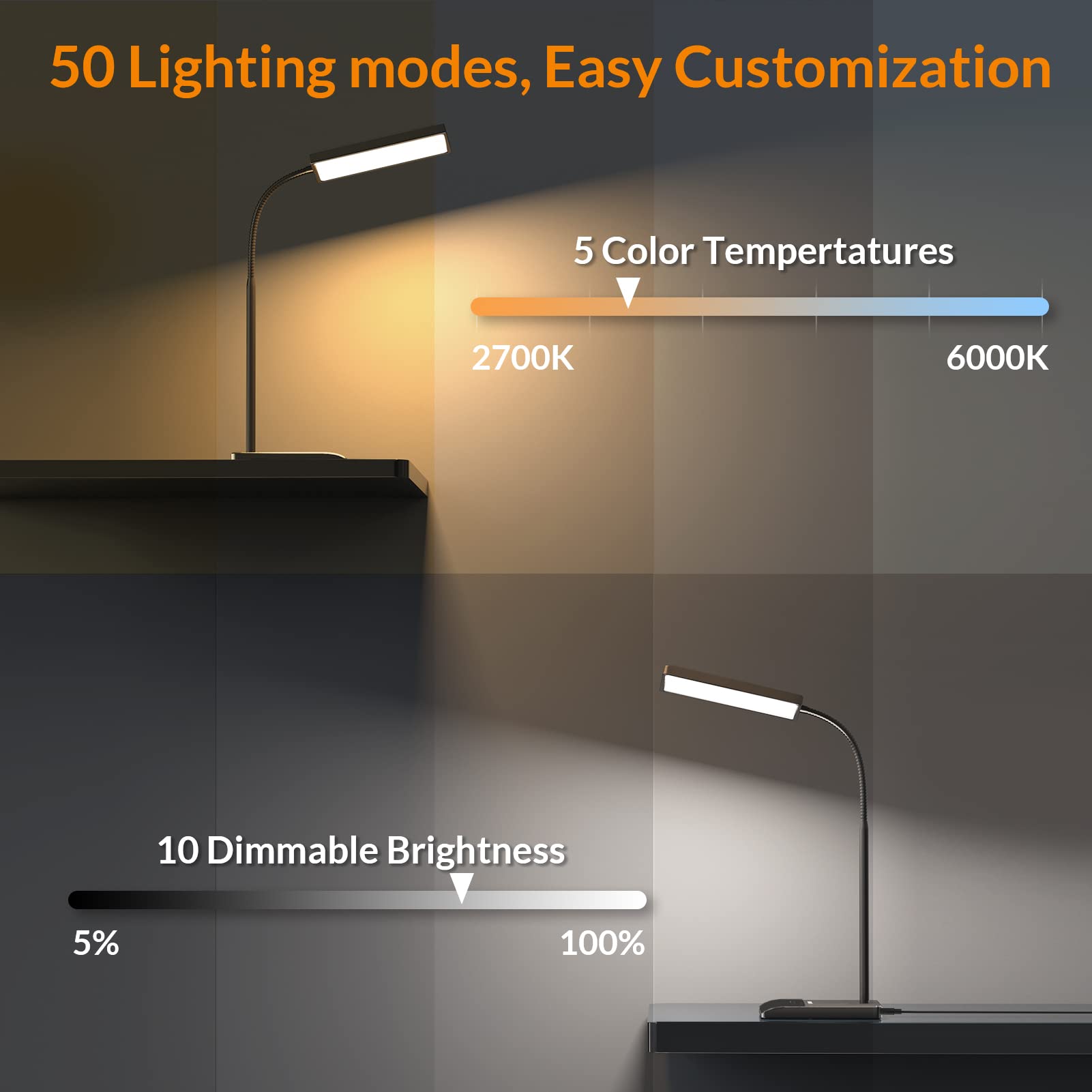 LEPOWER Desk Lamp, 800LM LED Desk Lamp for Home Office, 12W Reading Lamp for Desk, Eye-Caring Desk Light, Touch Table Lamp, Gooseneck Lamp, 50 Lighting Modes, Bright Desk Lamps for Bedroom, Study Room