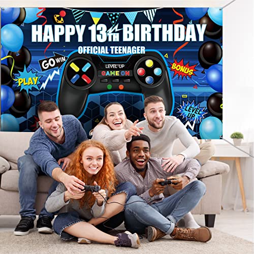 Happy 13th Birthday Video Game Backdrop Banner, Level 13 Up Birthday Background with Game Controller Print Gaming Theme for Photography, Photo Props, Video Game Party Wall Decoration (Blue)
