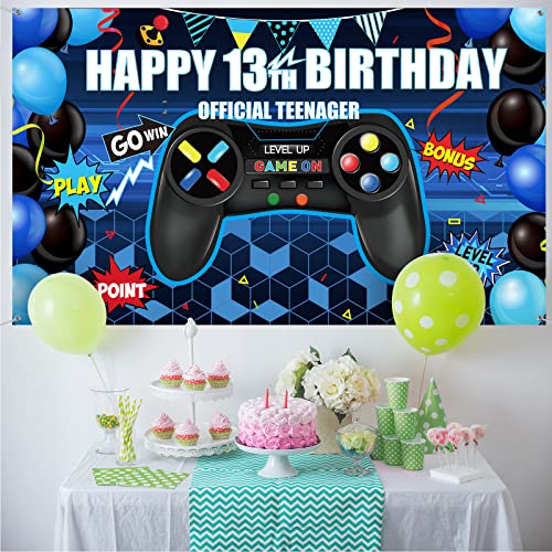 Happy 13th Birthday Video Game Backdrop Banner, Level 13 Up Birthday Background with Game Controller Print Gaming Theme for Photography, Photo Props, Video Game Party Wall Decoration (Blue)
